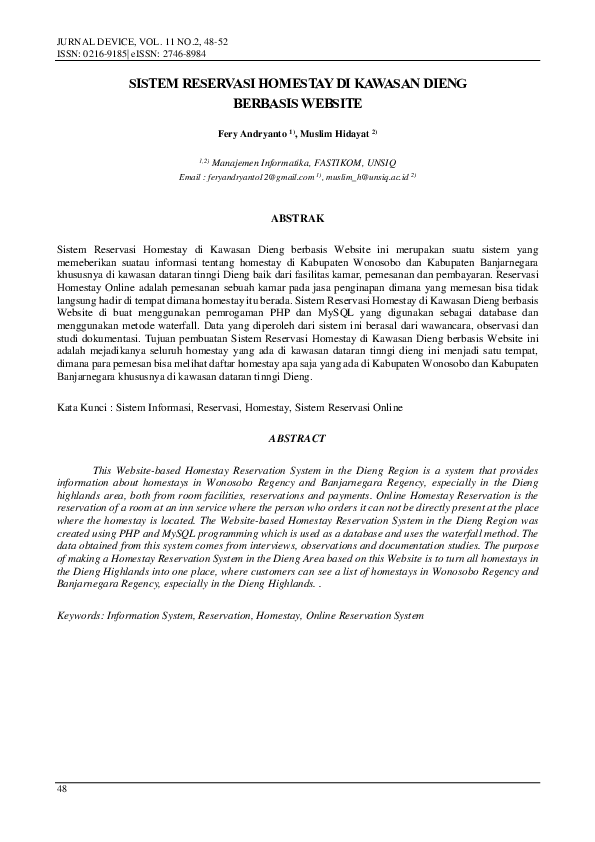 (PDF) Sistem Reservasi Homestay DI Kawasan Dieng Berbasis Website