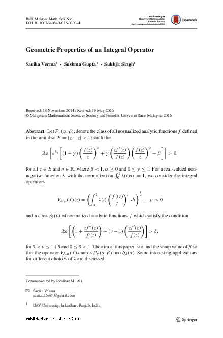 (PDF) Geometric Properties of an Integral Operator | sarika verma - Academia.edu