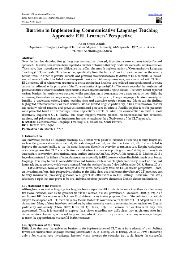 (PDF) Barriers in Implementing Communicative Language Teaching Approach: EFL Learners’ Perspective