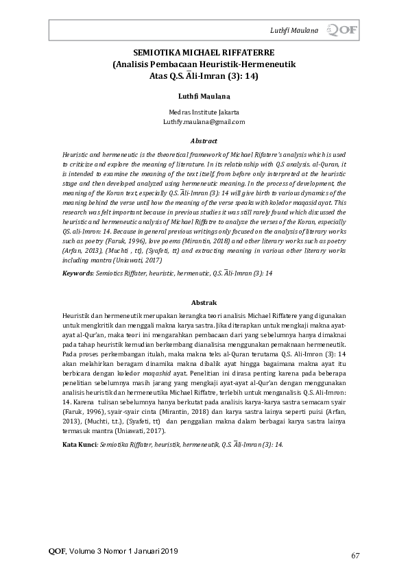 (PDF) HERUSTIK, HERMENEUTIK SEMIOTIKA MICHAEL RIFFATERRE (Analisis QS ...