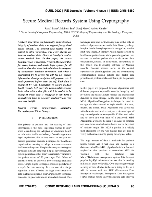 (PDF) Secure Medical Records System Using Cryptography - IRE Journals
