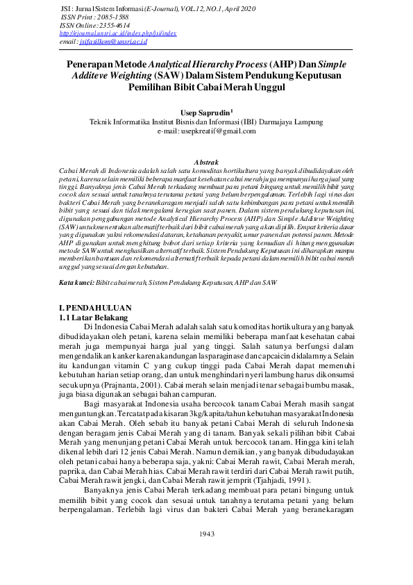 (PDF) Penerapan Metode Analytical Hierarchy Process (AHP) Dan Simple Additeve Weighting (SAW ...