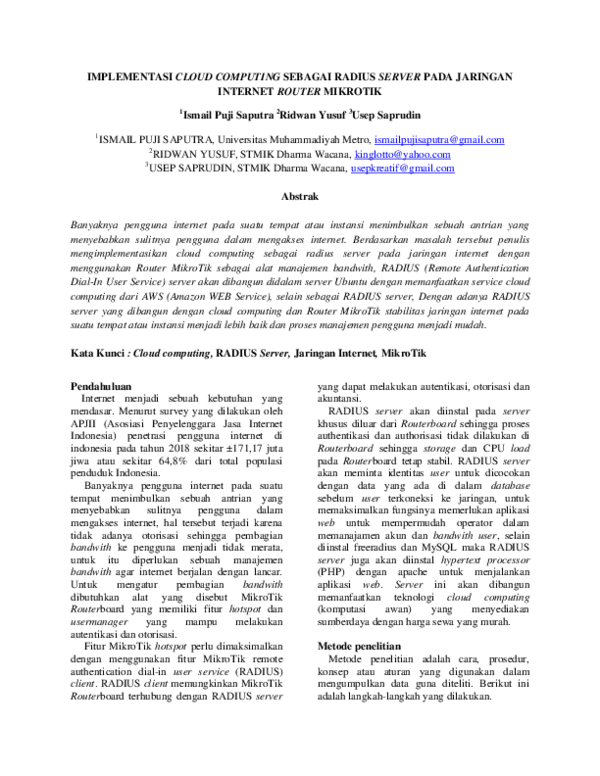 (PDF) Implementasi Cloud Computing Sebagai Radius Server Pada Jaringan Internet Router Mikrotik