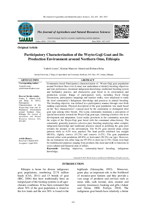 (PDF) Participatory Characterization of the Woyto-Guji Goat and Its Production Environment ...
