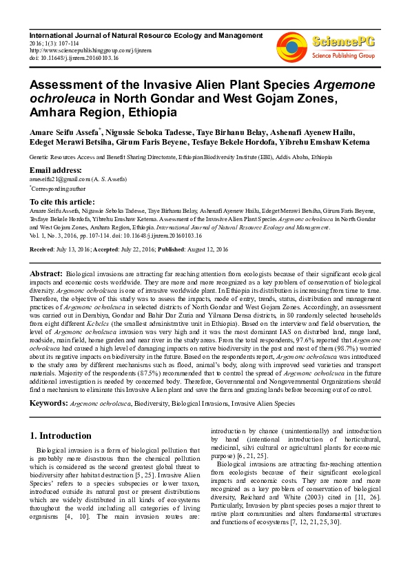 (PDF) Assessment of the Invasive Alien Plant Species Argemone ochroleuca in North Gondar and ...