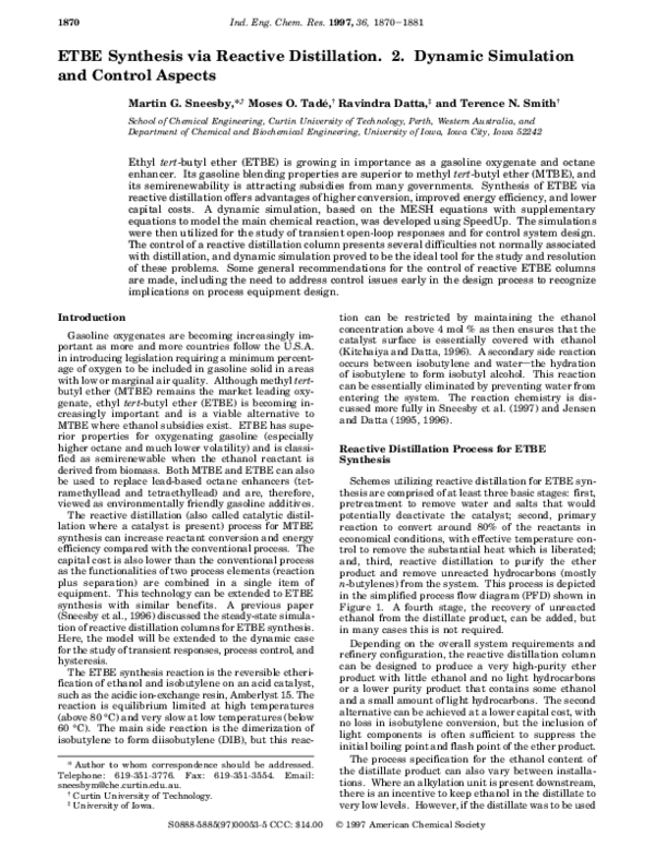 Pdf Etbe Synthesis Via Reactive Distillation 2 Dynamic Simulation And Control Aspects
