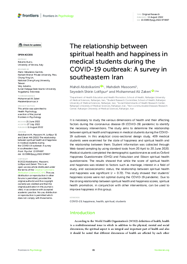 (PDF) The relationship between spiritual health and happiness in ...