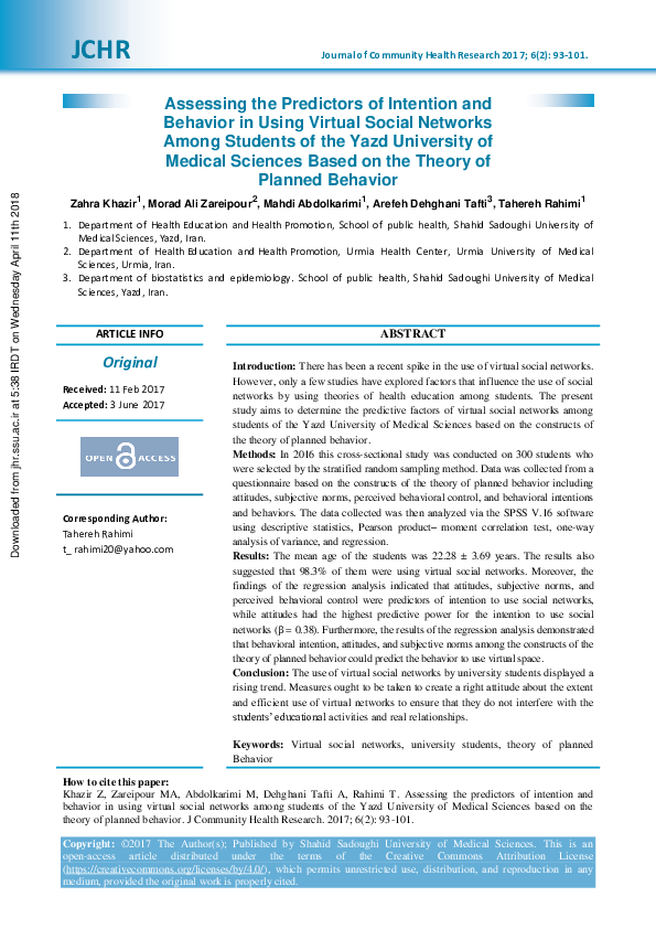 (PDF) Assessing the Predictors of Intention and Behavior in Using Virtual Social Networks Among ...