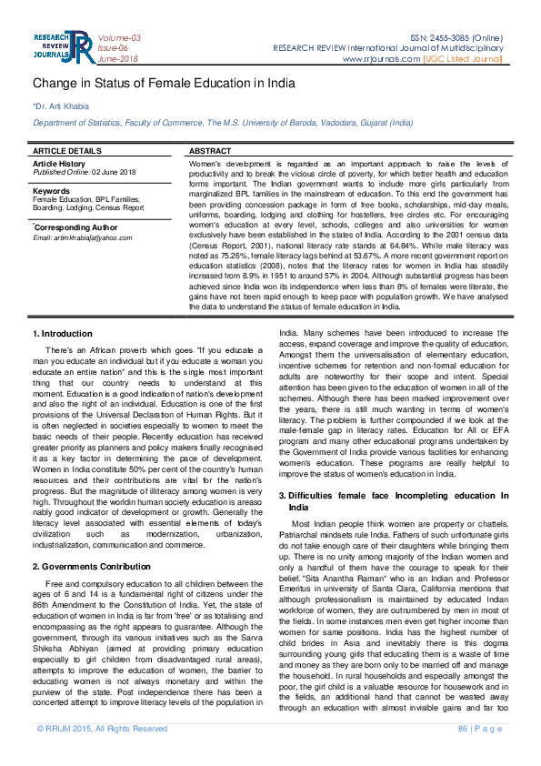 (PDF) Change In Status Of Female Education In India