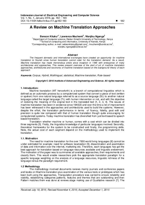 (PDF) A Review on Machine Translation Approaches