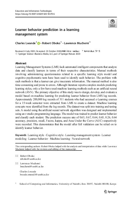(PDF) Learner behavior prediction in a learning management system