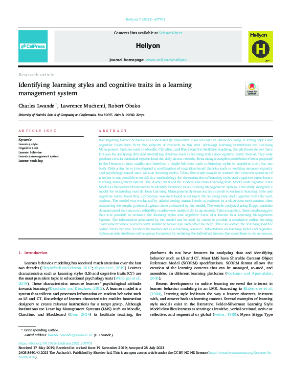 (PDF) Identifying learning styles and cognitive traits in a learning ... (PDF) Identifying learning styles and cognitive traits in a learning ...
