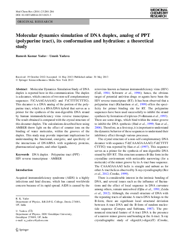 (PDF) Molecular dynamics simulation of DNA duplex, analog of PPT (polypurine tract), its ...