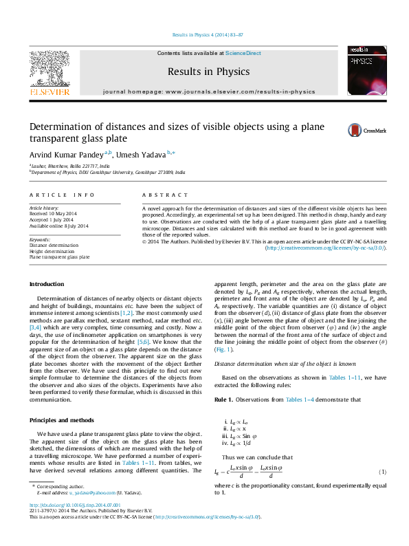 (PDF) Determination of distances and sizes of visible objects using a plane transparent glass plate
