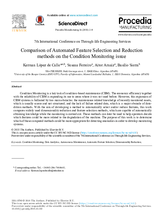 Pdf Comparison Of Automated Feature Selection And Reduction Methods On The Condition