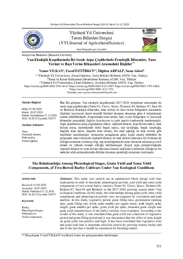(PDF) Van Ekolojik Koşullarında İki Sıralı Arpa Çeşitlerinde Fenolojik ...