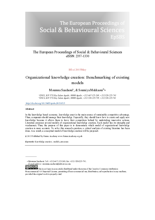(PDF) Organizational knowledge creation: Benchmarking of existing models