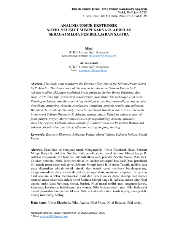 (PDF) Analisis Unsur Ekstrinsik Novel Selimut Mimpi Karya R. Adrelas ...