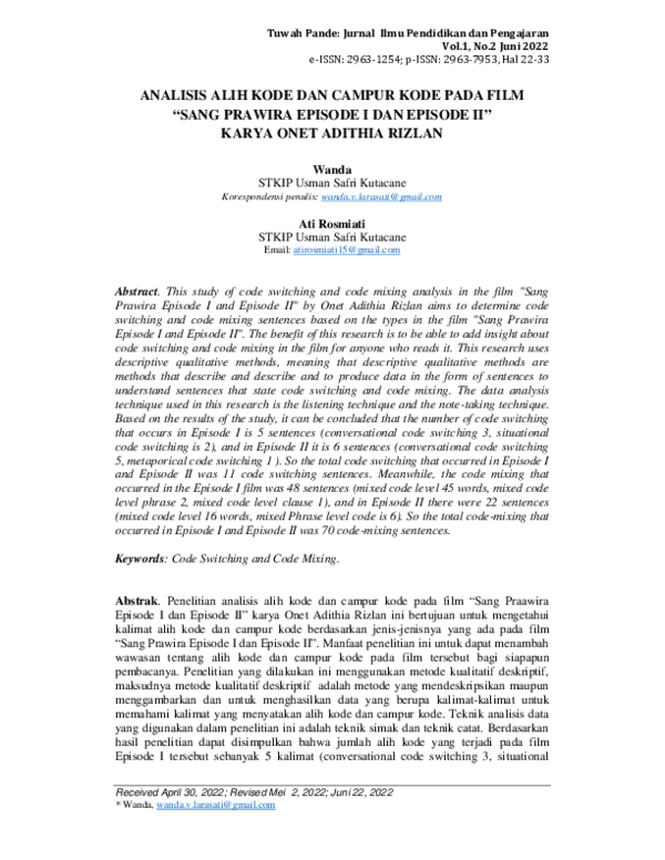 (PDF) Analisis Alih Kode Dan Campur Kode Pada Film “Sang Prawira ...