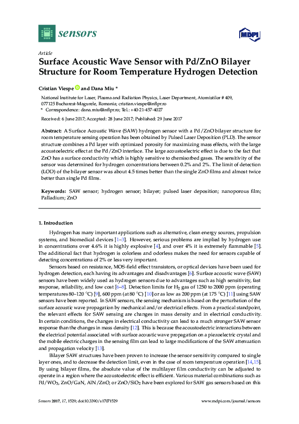 (PDF) Surface Acoustic Wave Sensor with Pd/ZnO Bilayer Structure for Room Temperature Hydrogen ...