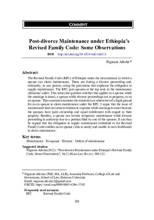 (PDF) Post-divorce Maintenance under Ethiopia's Revised Family Code ...