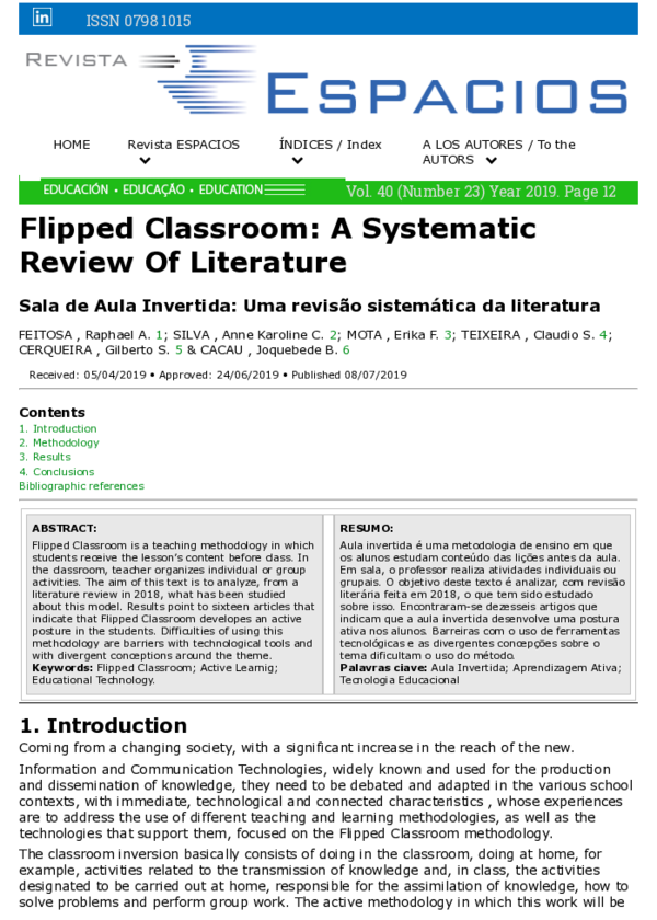 (PDF) Flipped Classroom. A Systematic Review Of Literature