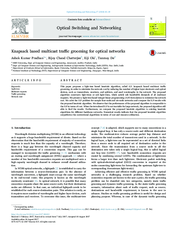 (PDF) Knapsack based multicast traffic grooming for optical networks