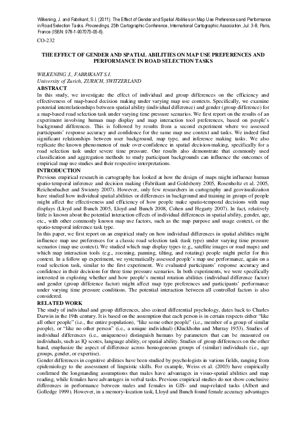 (PDF) The effect of gender and spatial abilities on map use preferences and performance in road ...