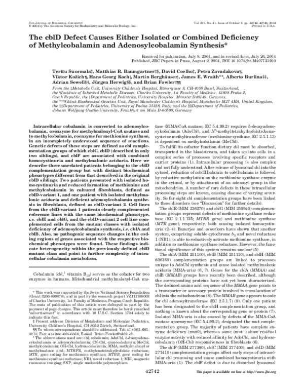 (PDF) The cblD Defect Causes Either Isolated or Combined Deficiency of Methylcobalamin and ...