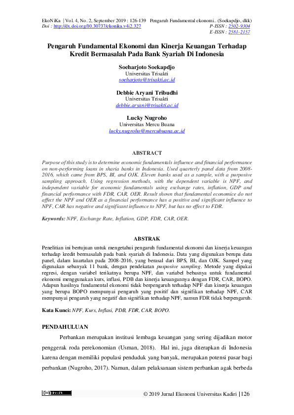 (PDF) Pengaruh Fundamental Ekonomi dan Kinerja Keuangan Terhadap Kredit Bermasalah Pada Bank ...