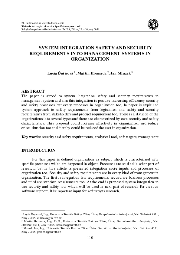 (PDF) System Integration Safety and Security Requirements Into Management Systems in Organization