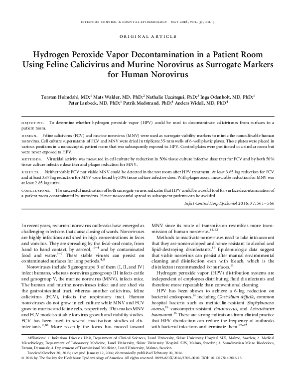 (PDF) Hydrogen Peroxide Vapor Decontamination in a Patient Room Using ...