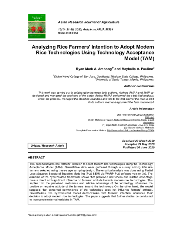 (PDF) Analyzing Rice Farmers’ Intention to Adopt Modern Rice Technologies Using Technology ...