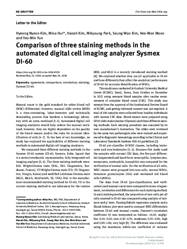 (PDF) Comparison of three staining methods in the automated digital cell imaging analyzer Sysmex ...