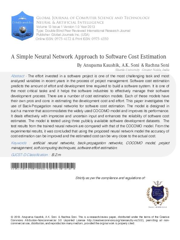(PDF) A Simple Neural Network Approach to Software Cost Estimation