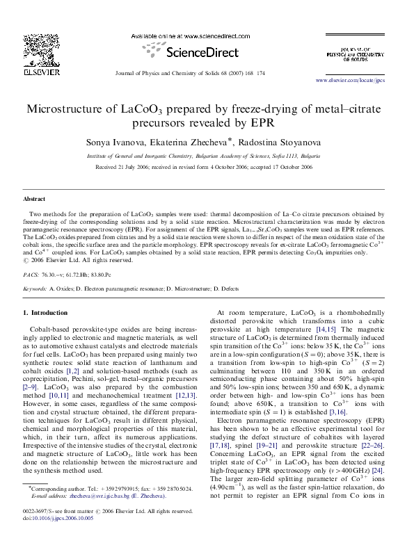 (PDF) Microstructure of LaCoO3 prepared by freeze-drying of metal–citrate precursors revealed by EPR