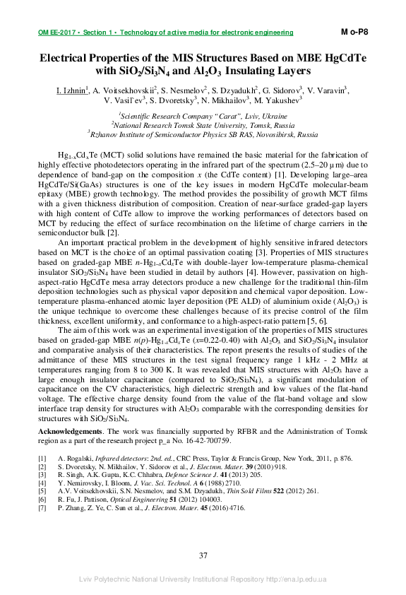 (PDF) Electrical Properties of the MIS Structures Based on MBE HgCdTe with SiO2/Si3N4 and Al2O3 ...