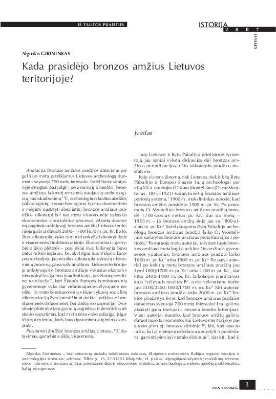 (PDF) Kada prasidėjo bronzos amžius Lietuvos teritorijoje