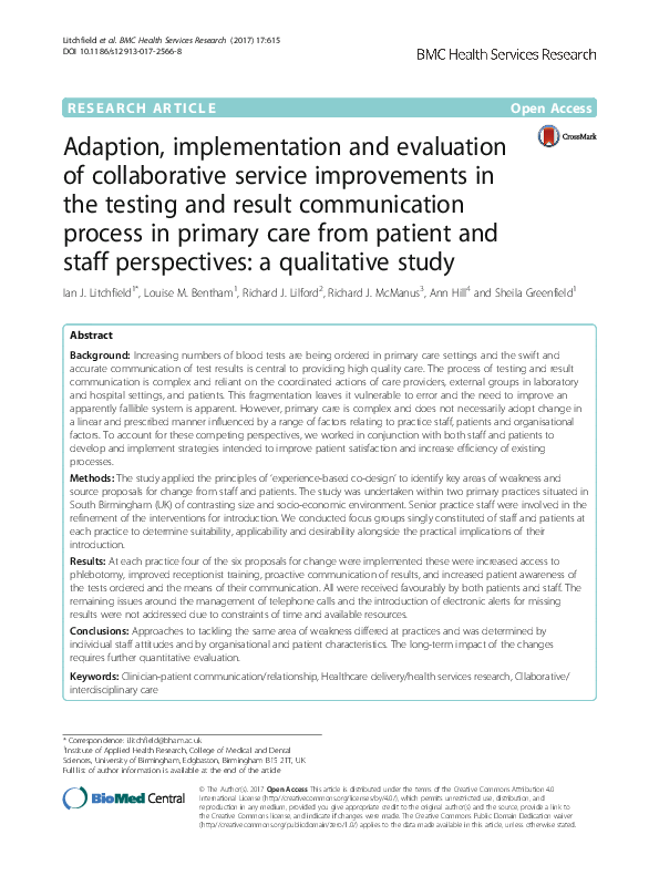 (PDF) Adaption, implementation and evaluation of collaborative service improvements in the ...