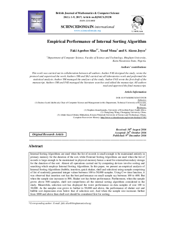 (PDF) Empirical Performance of Internal Sorting Algorithm