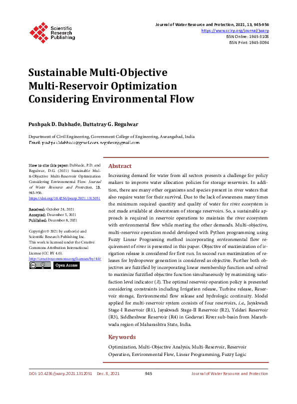 (PDF) Sustainable Multi-Objective Multi-Reservoir Optimization Considering Environmental Flow
