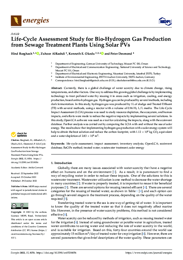 (PDF) Life-Cycle Assessment Study for Bio-Hydrogen Gas Production from Sewage Treatment Plants ...
