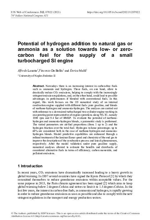 (PDF) Potential of hydrogen addition to natural gas or ammonia as a solution towards low- or ...