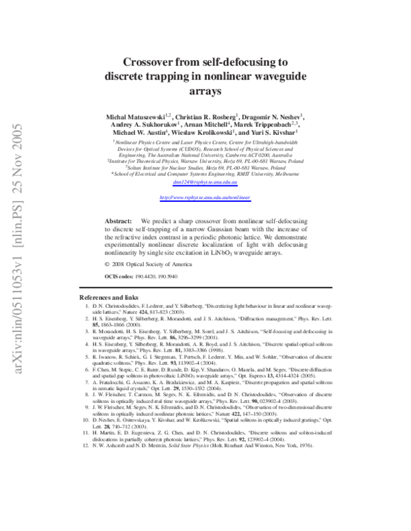 Pdf Crossover From Self Defocusing To Discrete Trapping In Nonlinear Waveguide Arrays