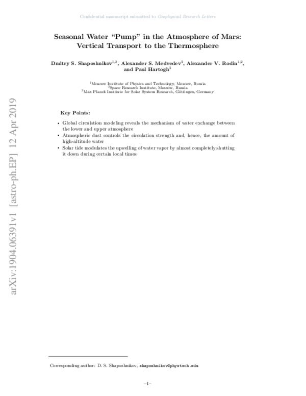 (PDF) Seasonal Water “Pump” in the Atmosphere of Mars: Vertical ...