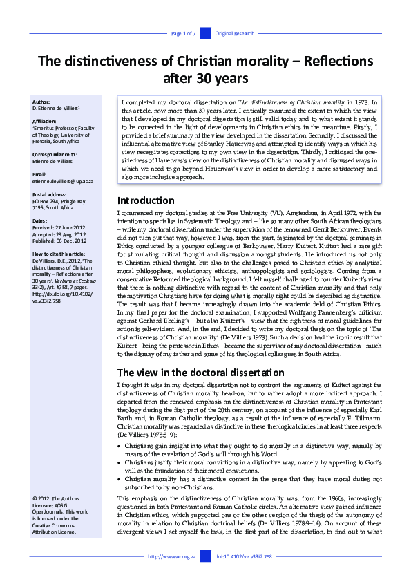 (PDF) The distinctiveness of Christian morality Reflections after 30 years