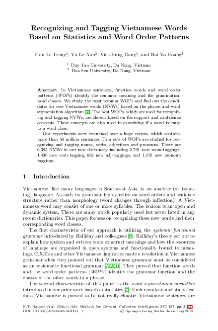 (PDF) Recognizing and Tagging Vietnamese Words Based on Statistics and ...