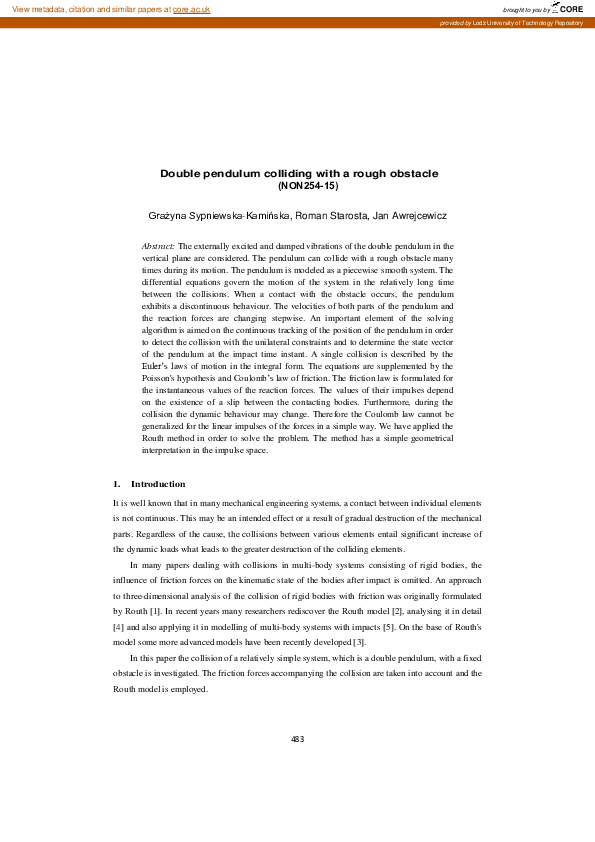 (PDF) Double pendulum colliding with a rough obstacle ( NON 254-15 )