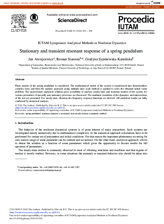 (PDF) Stationary and Transient Resonant Response of a Spring Pendulum
