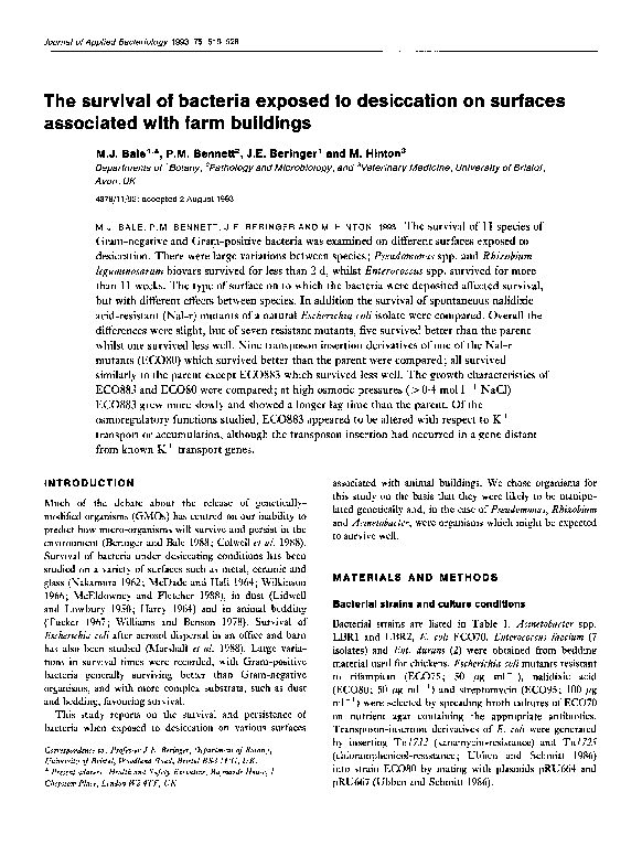 (PDF) The survival of bacteria exposed to desiccation on surfaces ...